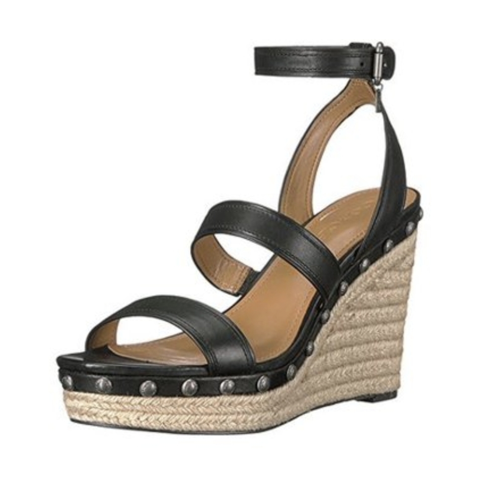 {Coach} Darcy Black Leather Wedge Sandals - Gem